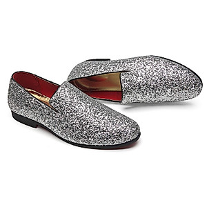 Mens Smoking Slipper Metallic Sparkling Glitter Tuxedo Slip on Dress Shoes Loafers Shoes (12.0 D(M) US, Silver)