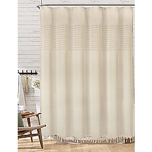 SUMGAR Cotton Shower Curtain Boho Farmhouse Shower Curtains for Bathroom with Tassels & Jacquard Striped Window, Beige Fabric Fringe Shower Curtain Set with Hooks, 72" x 72"