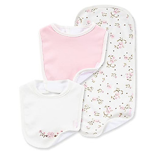 Little Me Baby Girls' 3 Piece Bib and Burp Set, Rose, White Floral, One Size