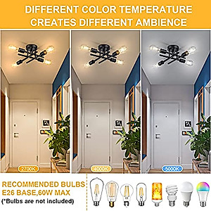 SunRider Industrial 4-Light Semi Flush Mount Ceiling Light Fixture, Modern Farmhouse Lighting Matte Black, Rustic Sputnik Chandelier Ceiling Lamp for Kitchen Bedroom Living Room, Bulbs Not Included