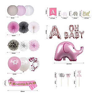 JYNTU Elephant Baby Shower Decorations (Pink)-Elephant Theme, Baby Shower Backdrop with Balloons, OH baby, It;s a Girl, Cake Topper, Paper Hanging Decoration(Flower,lantern)
