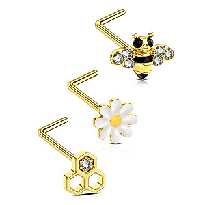 Jewseen 3PCS Nose Rings 20G Gold Nose Stud Surgical Steel Nose Piercing Jewelry Bee Nostril Piercing Jewelry L-Shaped Nose Piercings for Women Men