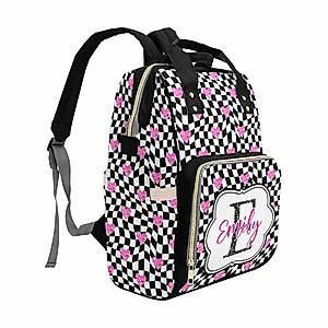 M YESCUSTOM Custom Pink Love Heart Diaper Bag Backpack with Name Letter Personalized Plaid Mommy Backpack for Women Travel Holiday Gift for Wife