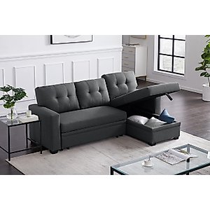 Prohon Sectional Multi-Functional Convertible Sleeper Sofa Bed, 3 Seats Loveseat with Pull Out Couch & Upholstered Chaise for Living Room Bedroom Home Office Apartment, Dark Gray