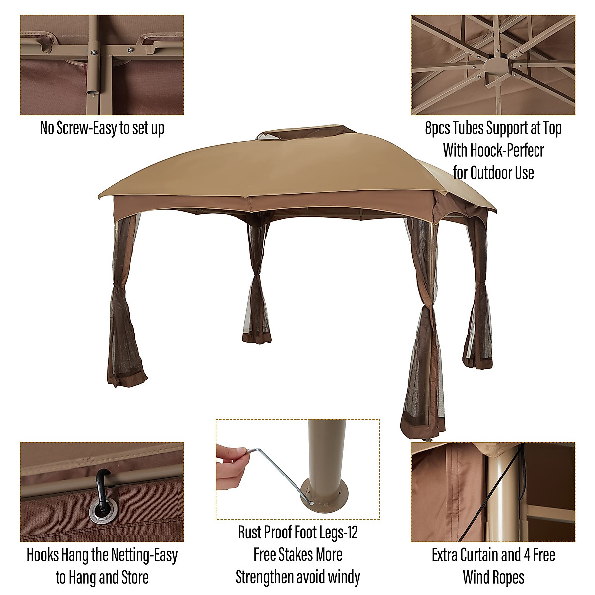 PHI VILLA 10x12 Gazebo Canopy for Patio, Double Vent Outdoor Canopy Gazebo with Netting, Screen Patio Gazebo Heavy Duty for Garden Deck Khaki