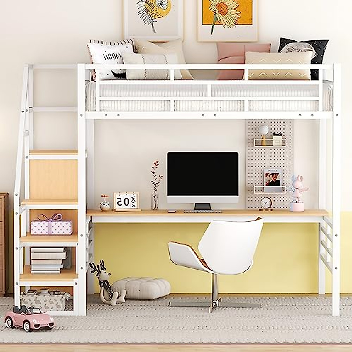 CITYLIGHT Full Size Loft Bed with Staircase and Desk, Metal Loft Bed Frame with Wardrobe and Storage Shelves, Full Loft Bed with Desk for Kids, Teens, Boys & Girls (Full, White)