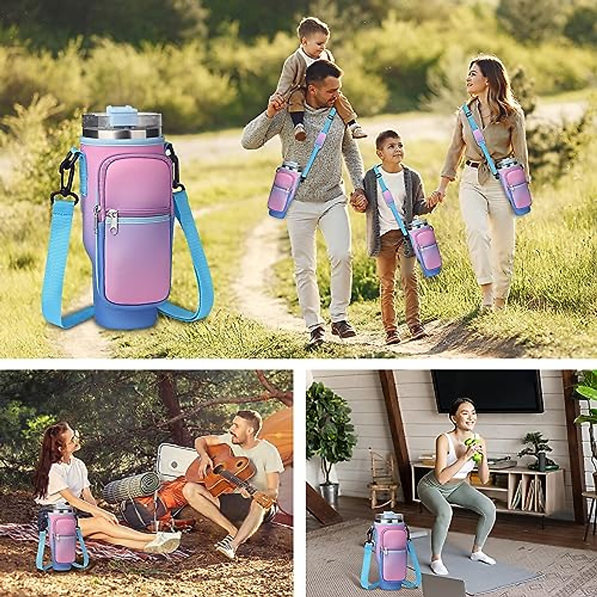 GOOJU Water Bottle Carrier Bag, compatible with Stanley 40oz Tumbler Cup, featuring a Crossbody holder strap with Carabiners Suitable for school water bottles outdoor activities indoor yoga hiking.