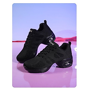 Women's Breathable Air Cushion Jazz Dance Shoes Lace Up Mesh Sneakers - Split Sole Athletic Walking Dance Thick Sole (Black,8.5)