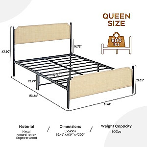 Brafab Natural Rattan Metal Bed Frame Queen Size with Wooden Headboard/Footboard, Modern Style Cane Boho Bed Frames with Heavy Duty Sturdy Steel Slat Support Bedframe, No Box Spring Needed