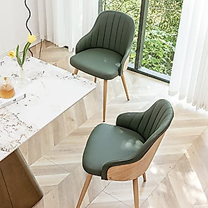 YOUUGIOR Modern Dining Room Chairs, Mid Century Leather Upholstered Accent Arm Chairs,Leisure Side Chairs with Metal Legs and Bamboo Back for Kitchen Room,Dining Room,Set of 2,Green.