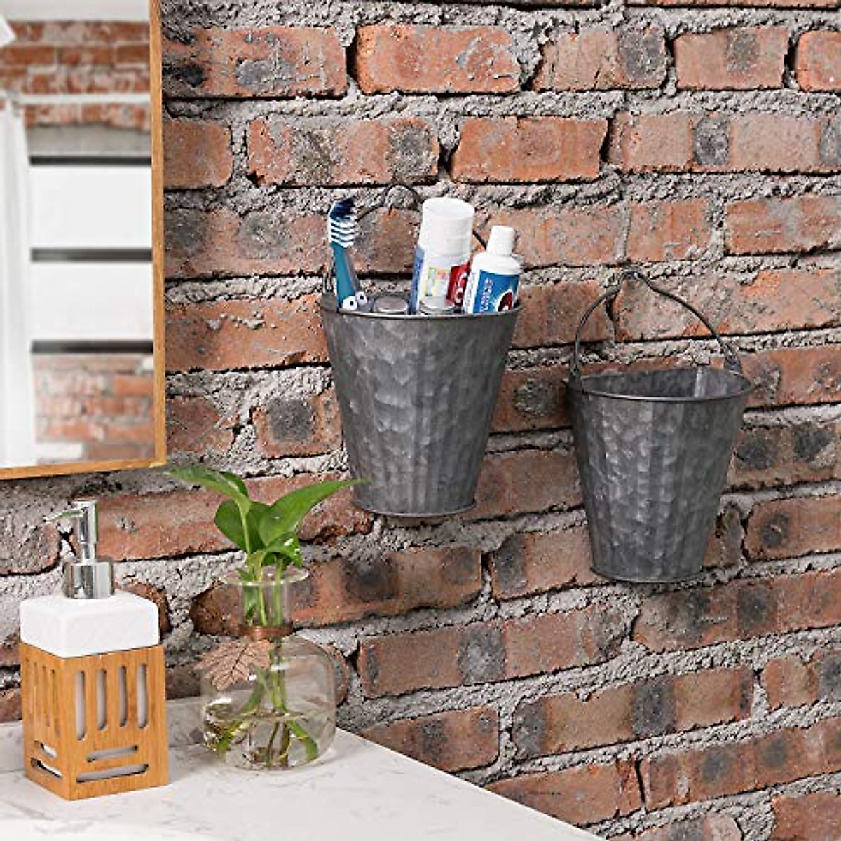 MyGift Wall Mounted Rustic Galvanized Metal Bathroom Toothbrush Holder Toothpaste Holder Bins, Mini Decorative Toiletries and Accessories Storage Buckets, Set of 2