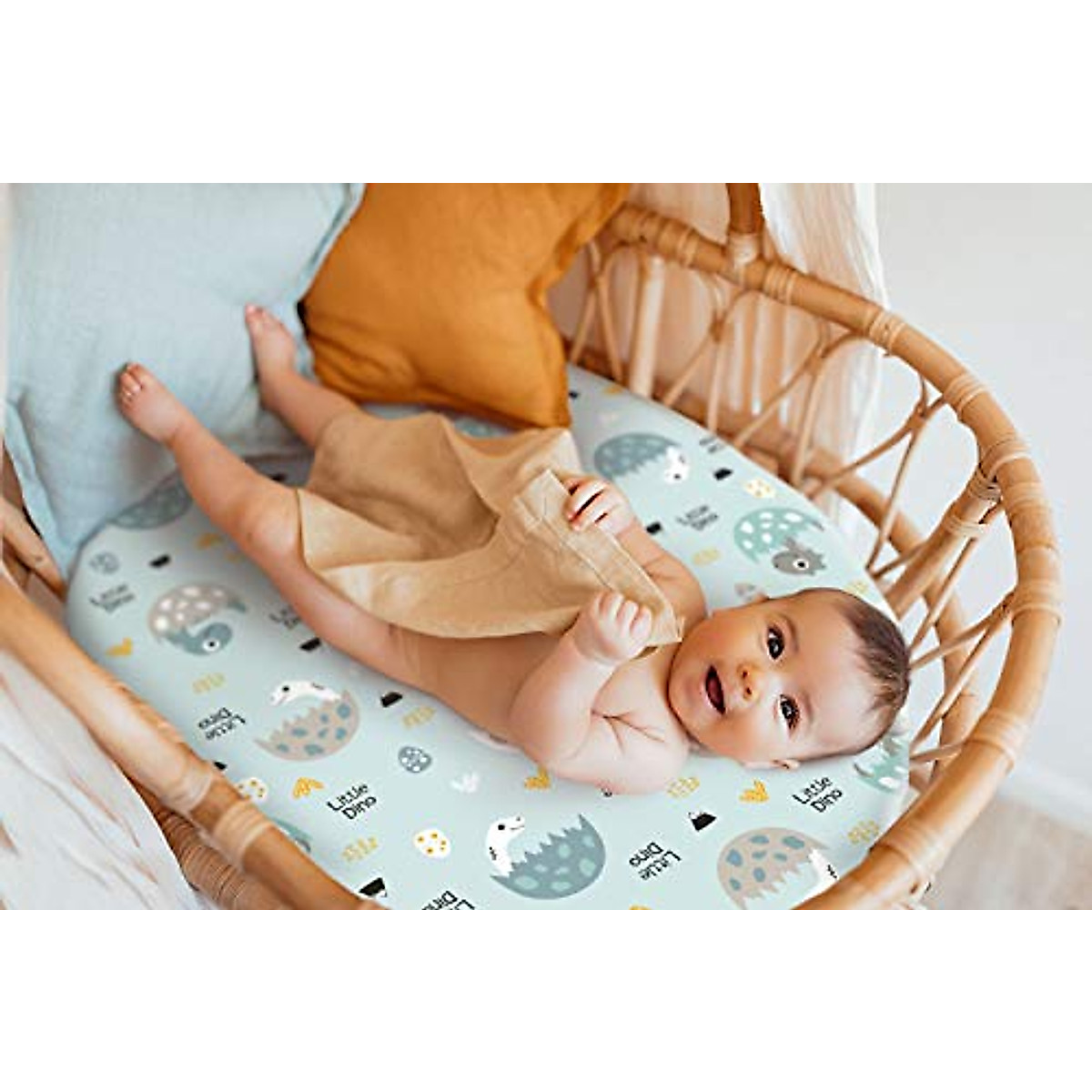 GRSSDER Stretchy Ultra Soft Fitted Bassinet Sheet Set 2 Pack, Universal Fit for Bassinets Baby Cradle Moses Basket Oval Rectangle Pad/Mattress, Happy Dinosaurs Bassinet Sheets for Girls and Boys