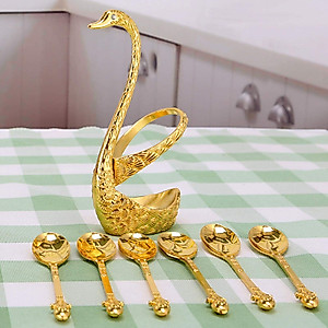 Oumefar Dessert Spoons, 10pcs Premium Food Grade Stainless Steel 4.7 Coffee Spoon with Decorative Swan Base Holder, Creative Gold Dessert Spoons and Swan Shape Holder,for Coffee Dessert Ice Cream Cake