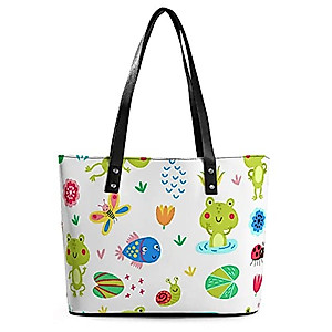 Womens Handbag Frog And Butterfly And Flowers Pattern Leather Tote Bag Top Handle Satchel Bags For Lady