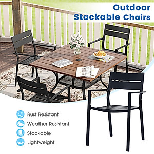 VICLLAX 5 Pieces Patio Dining Set for 4, Outdoor Furniture Set Included 37.8" Square Patio Table and 4 Stackable Metal Patio Chairs for Lawn Garden, Walnut Metal Table