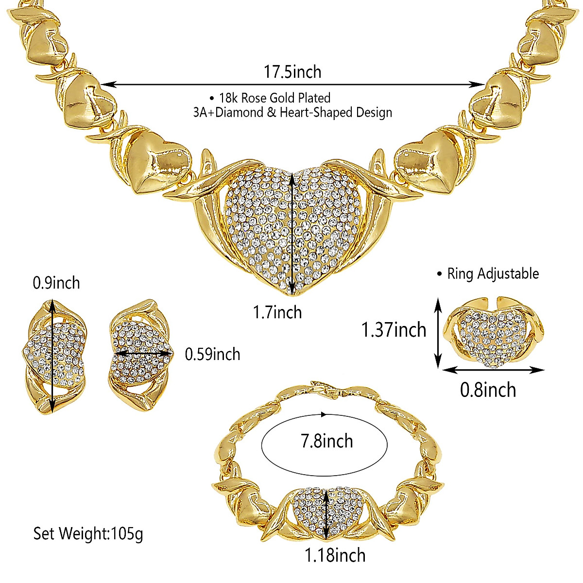 Gold Jewelry Set 18K Gold Accessories XOXO Necklace Set for Women Wedding Bridal Fashion Jewelry Sets Women Bracelets Earrings and Rings Sweetheart Gifts (Gold)