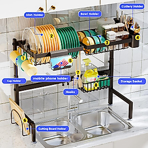 adoymiro Over The Sink Dish Drying Rack, Expandable Height and Length, 2 Tier Large, Stainless Steel, 24-35.5 inches L x 12 inches W x 19-22 inches H