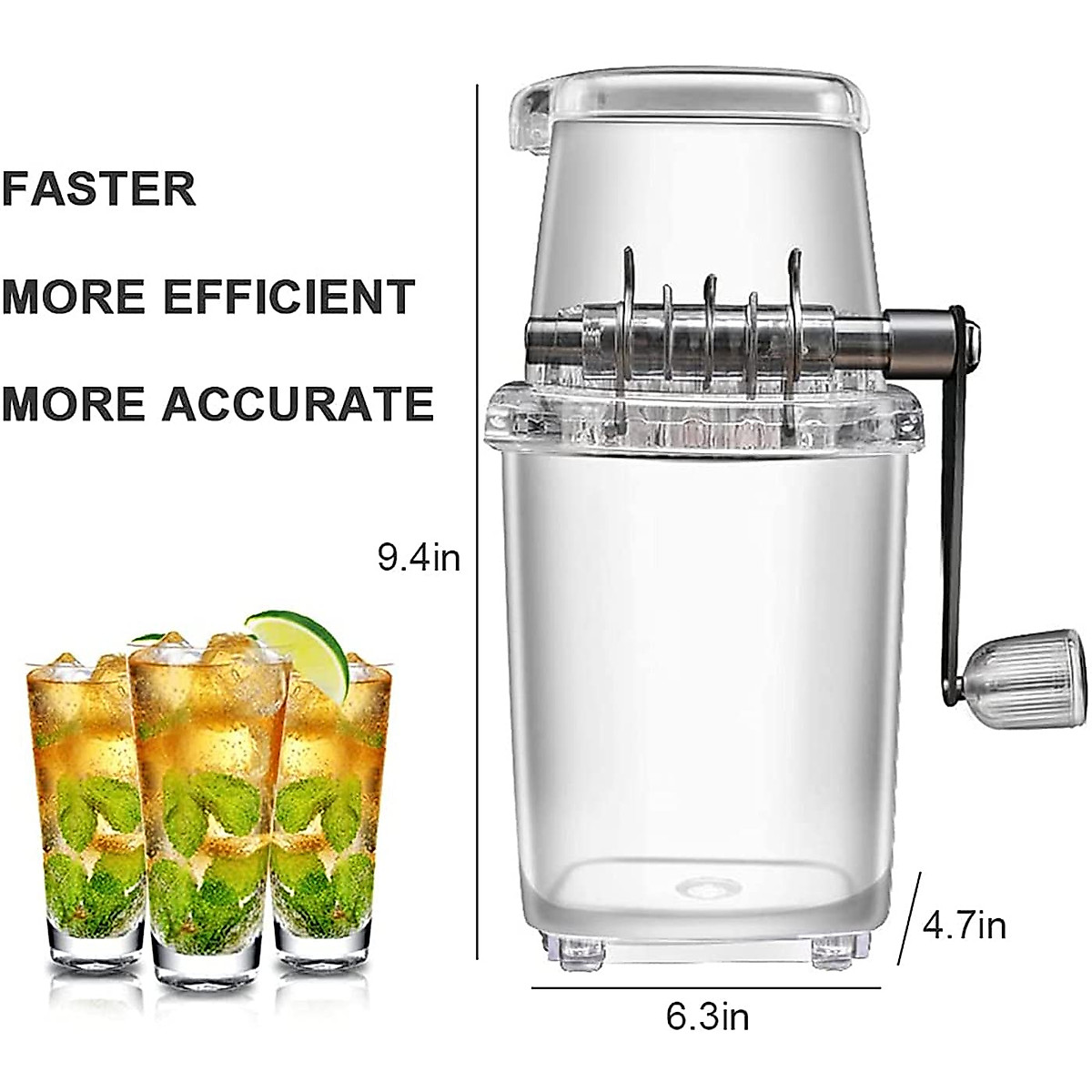 ZHER-LU Hand-Crank Ice Crusher, Ice-Maker Machine, Clear Ice Crusher for Home 1.25L Chrome Plated Ice Grinder Ice cube Drinks Chopper Stirrer (Transparent)