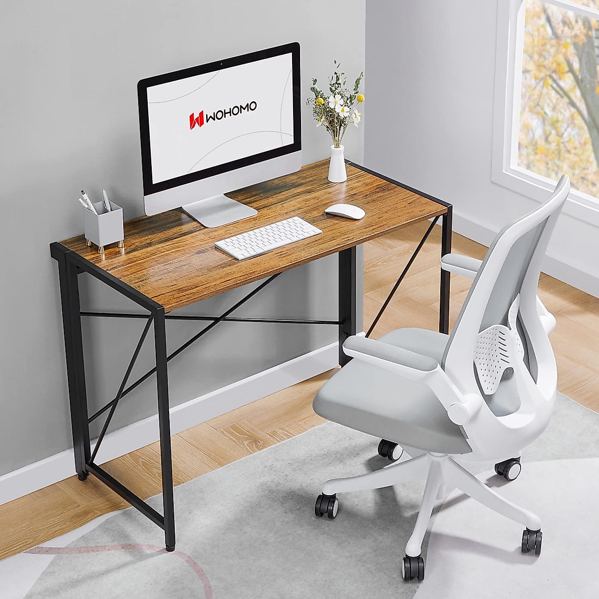 WOHOMO Folding Computer Desk No Assembly Small Desk 39” Study Writing Desk for Small Spaces Foldable Table Walnut