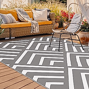 Kohree Outdoor Rug 9x12, Clearance Waterproof for Camping, Reversible Plastic Straw Mats, Rv, Porch, Deck, Camper, Balcony, Grey & White