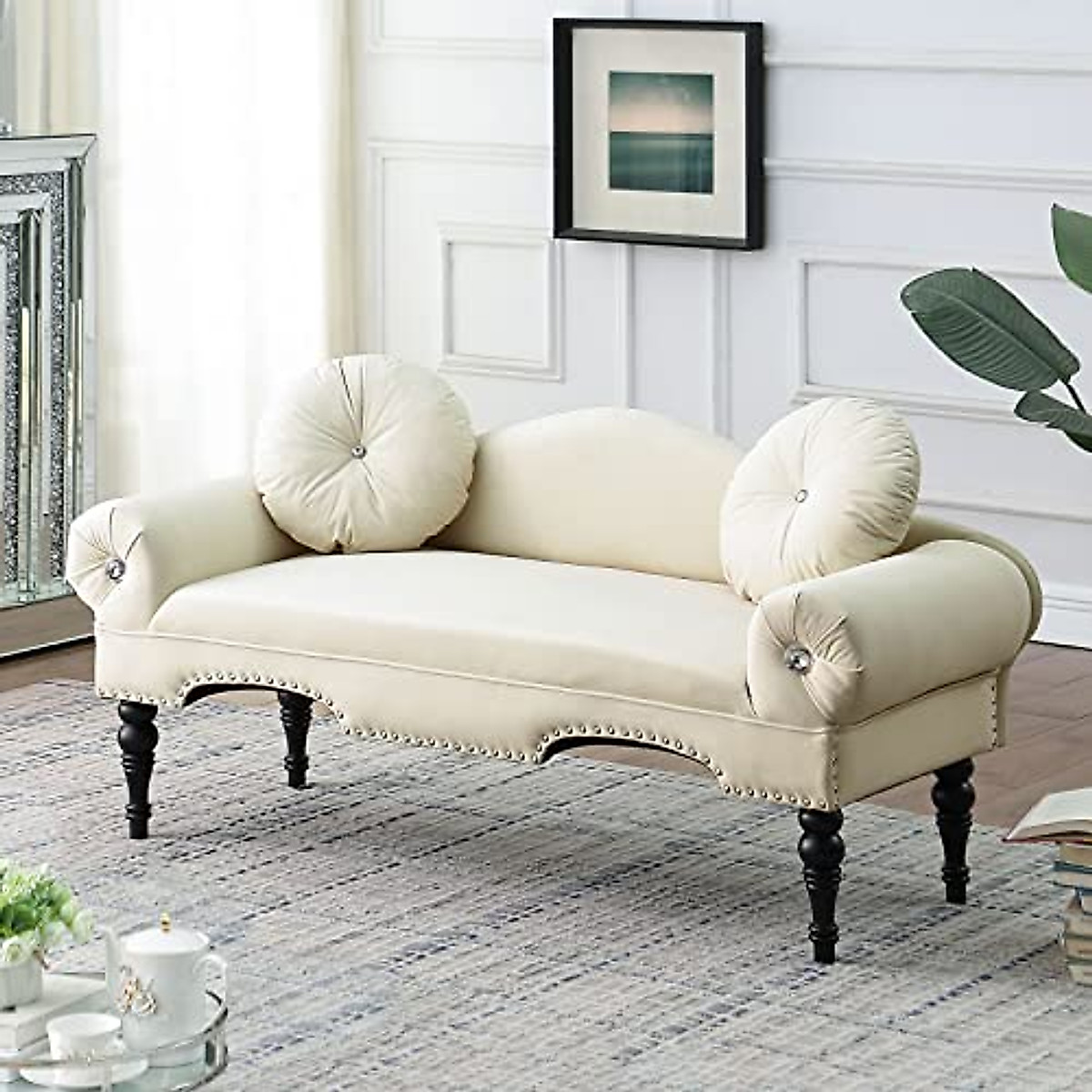 GNIXUU 54” Modern Small Loveseat Sofa, Mid Century Love Seat Couch Settee Velvet Tufted 2 Seater Couches Bedside Entryway Bench with 2 Pillows Nailhead Trim for Bedroom, Living Room(Beige)