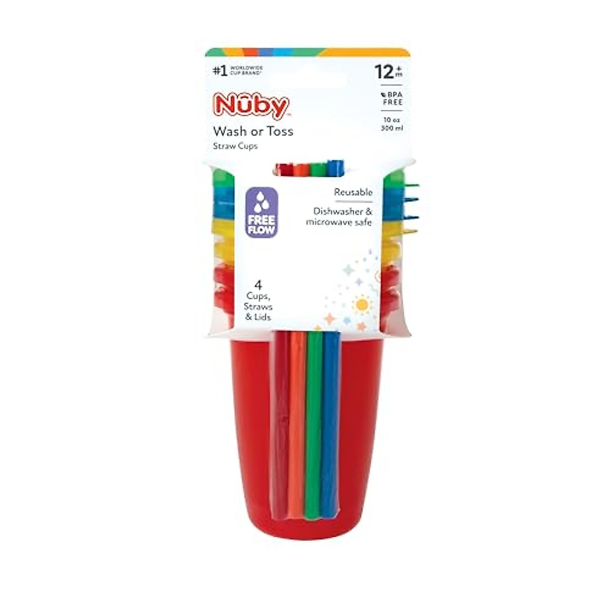 Nuby 4-Pack Stackable Wash or Toss Straw Cups, Multi, One Size