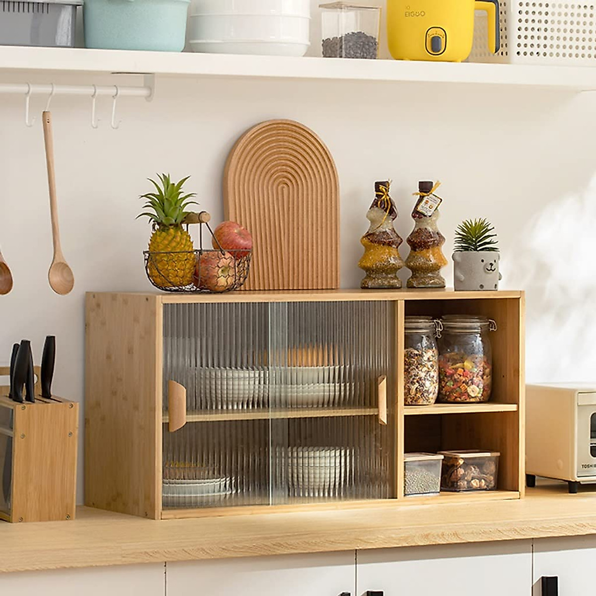 PHSP Wall Cabinet Solid Wood Storage Kitchen Condiment Dish Mounted Dining Table, Sofa Side Glass Sliding Door, 80*28*40cm