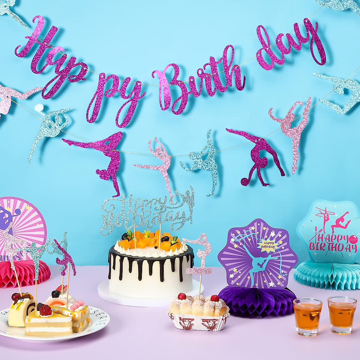 36 Pieces Gymnastics Party Supplies Decoration 2 Gymnastics Birthday Banner 3 Table Honeycomb Centerpieces 12 Cupcake Topper 1 Cake Topper 18 Latex Balloons for Baby Shower Gender Reveal Party Favors