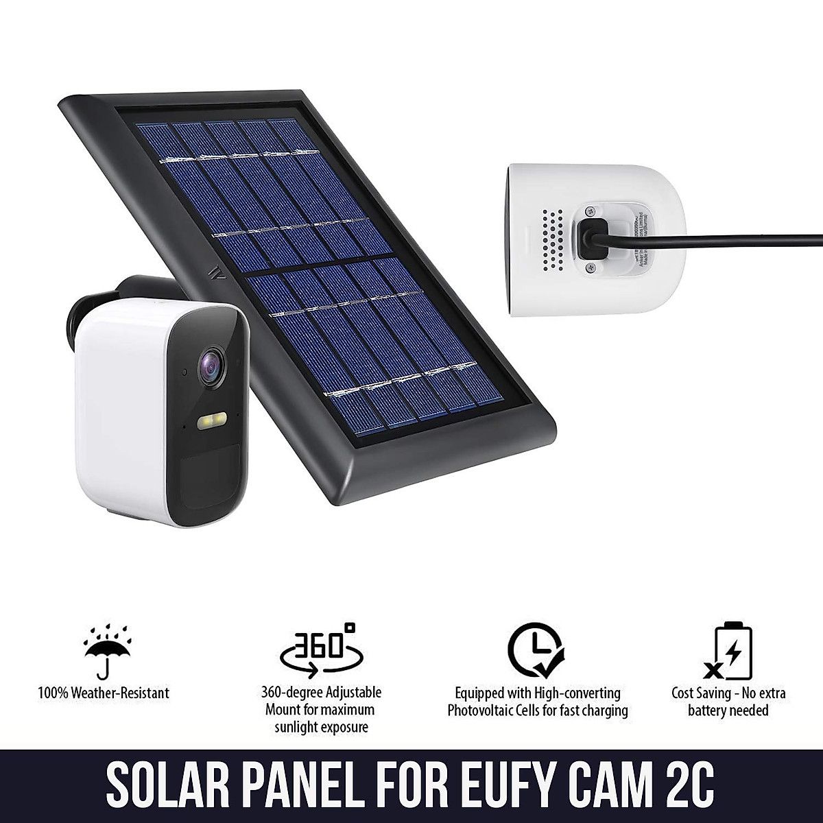 Wasserstein Solar Panel with 13.1ft/4m Cable Compatible with Eufy Cam 2C and 2C Pro - Power Your Surveillance Camera Continuously (3-Pack, Black) (NOT Compatible with Eufy Cam 2/2 Pro/E)