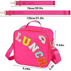 URSKYTOUS Insulated Lunch Bag for Women Girl Kid Teen Preppy Large Thermal Freezable Lunch Box Cute Hot Pink Big Reusable Kawaii Waterproof Lunch Tote Cooler Bag with Chenille Letter for School Office
