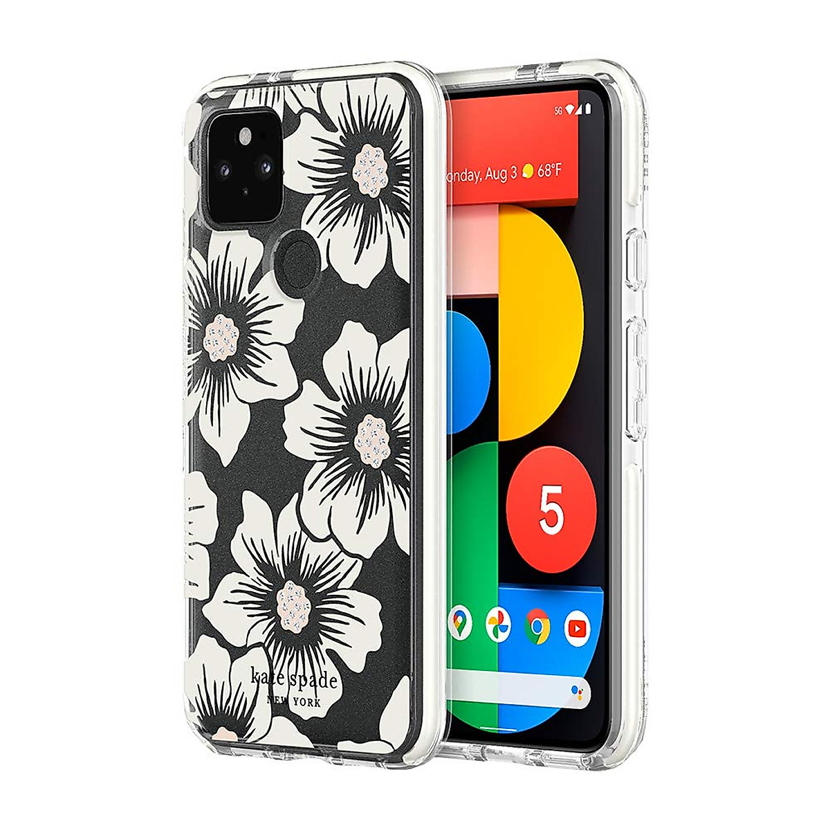 Kate Spade New York Defensive Hardshell Case for Google Pixel 5 - Hollyhock Floral Clear/Cream with Stones