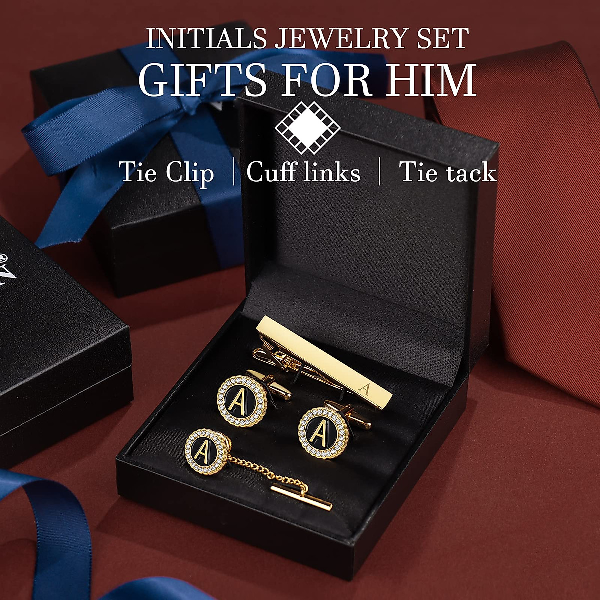 HAWSON Tie Clips for Men, Cufflinks for Men, Tie Tack & Lapel pins for Men, Suitable for Neckties and French Cuff or Dress Shirt Suits, Jewelry Box Packed, Initials Designed