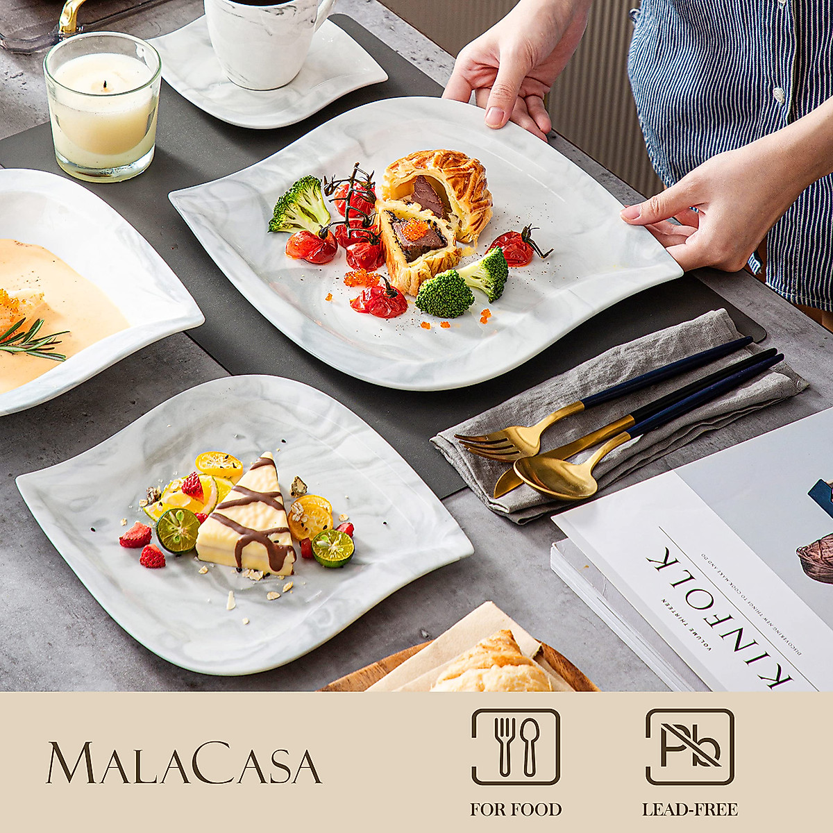 MALACASA Dinnerware Sets for 6, 30 Piece Porcelain Plates and Bowls Sets, Marble Dish Set with Dinner Plate Set, Cup and Saucer, Square Plates Dinnerware Set, Modern Dishes Dinnerware, Series Elvira
