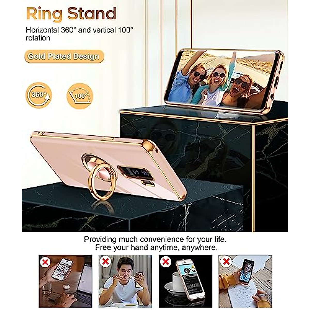 LeYi for Samsung Galaxy S9 Plus Case: 360° Rotatable Ring Holder Magnetic Kickstand [ Not Applicable Samsung S9 ], Plating Rose Gold Edge Protective Case, Pink
