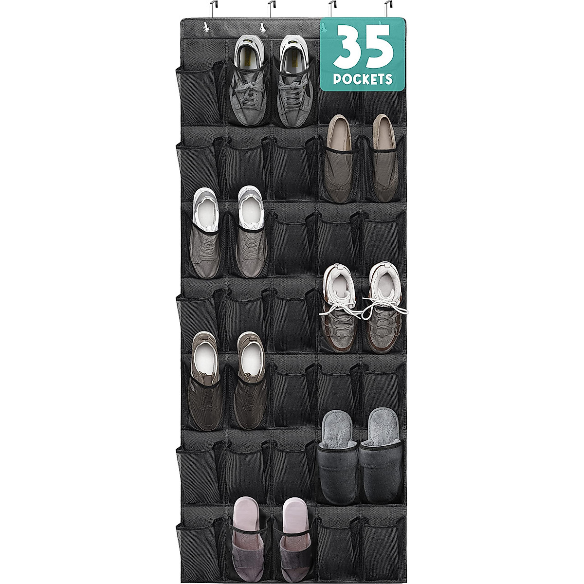 Tiblue Over The Door Shoe Organizers 35 Mesh Pockets Hanging Shoe Organizer Shoe Rack For Closet Entryway Bedroom Bathroom Pantry Shoe Holder, Men Sneakers, Women High Heeled Shoes, Flip Flops Black