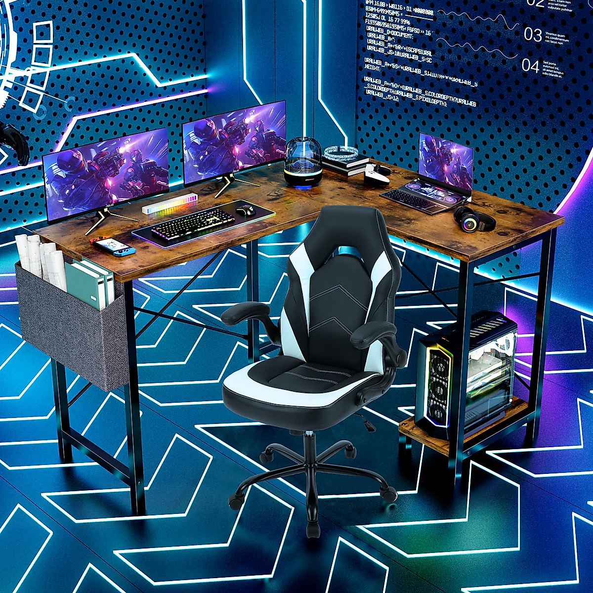 Sweetcrispy L Shaped Computer Desk - Gaming Table Corner Desk 50 Inch PC Writing Desk Study Desks with Wooden Desktop CPU Stand Side Bag Reversible for Home Office Dorm Small Space, Rustic