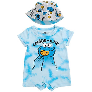 Sesame Street Cookie Monster Infant Baby Boys Romper and Hat Tie Dye Blue/Gray 6-9 Months