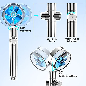 Hydro Jet Turbo Fan High Pressure Shower Head with Handheld,Detachable Shower Head Kit with Back Scrubber/7 Filters/Hose/Holder/Shower Loofah,Turbocharged Shower Head with Pause Switch(Blue)