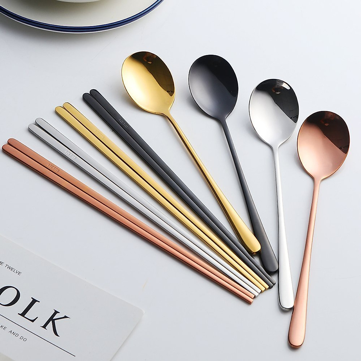 Buyer Star 4 Set Chopsticks Spoon Set, 4 Color Reusable Metal Stainless Steel Korean Chopstix Spoon Set Christmas Gift