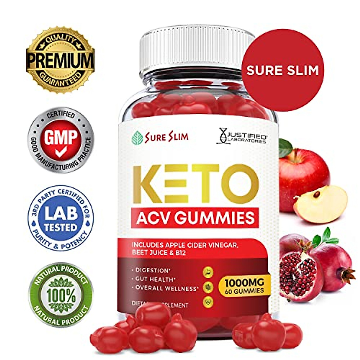 Justified Laboratories (2 Pack) Sure Slim Keto ACV Gummies 1000MG with Pomegranate Juice Beet Root B12 60 Gummys