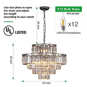 Lt-vt Chrome Modern Style Crystal Chandeliers & LightsRound Hanging Classic, Pendant Ceiling Chandelier Lighting Fixture 5-Tier for Dining Room Living Room(Chrome,24 inch)