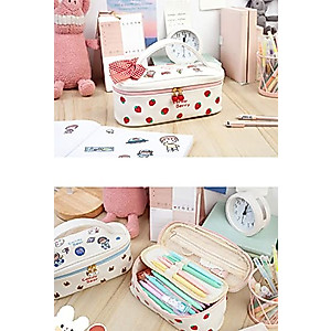 Cute Strawberry Printed Large Capacity Pencil Case Japanese Corduroy Pen Holder Kawaii Stationery Pouch Makeup Cosmetics Bag for Back to Scool Students (Heart)