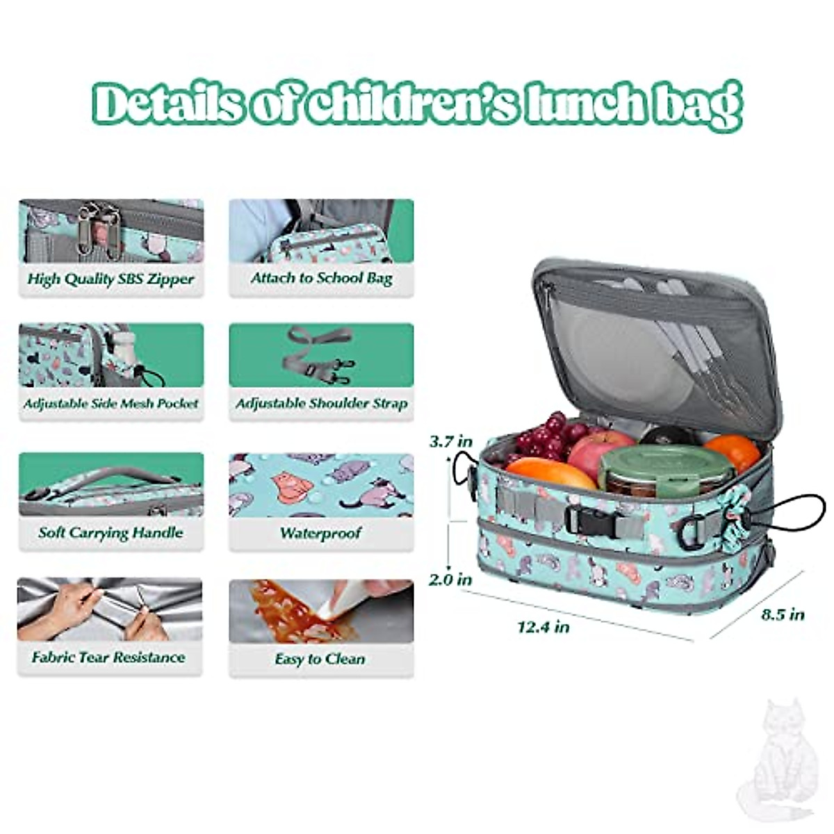 Maelstrom Lunch Box Kids,Expandable Kids Lunch Box,Insulated Lunch Bag for Kids,Lightweight Reusable Lunch Tote Bag for Boy/Girl,Suit for School/Picnic,9L,Cat