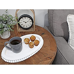 AuldHome Wood Beaded Tray (White), Decorative Farmhouse Style Oval Wooden Tray