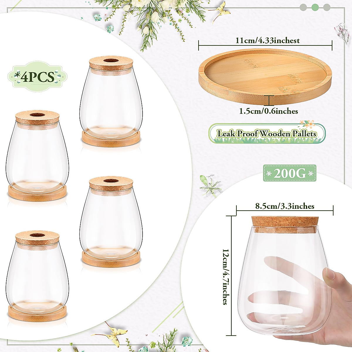 4 Pcs Desktop Plant Terrarium Plant Propagation Planter Propagation Vase Propagation Jars Glass Plant Containers Air Planter Water Station with Wooden Lid and Stand for Hydroponic Home Office (Large)