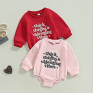 Newborn Baby Girls Valentine's Day Romper Sweatshirt Long Sleeve Letters Print Bodysuit Pullover Tops (Thick Thighs Pink, 12-18 Months)