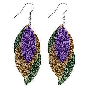 Colorful Mardi Gras Carnival Leaf Shape Leather Dangle Earrings Layered Shining Mardi Gras Theme Teardrop Earrings for WomenJewelry(D)