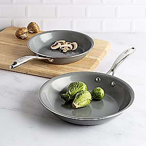 Goodful Ceramic Nonstick 2 Piece Frying Pan Set, 8 Inch and 9.5 Inch Skillets, Dishwasher Safe Pots and Pans, Comfort Grip Stainless Steel Handle, Made without PFOA, Gray