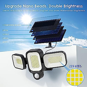 Solar Outdoor Lights, [2 Packs] 225 LED 3 Head Adjustable Motion Sensor Lights, 2500LM 330° Wide Angle Solar Flood Lights, IP65 Waterproof Wall Lamp Security Lights With 16.5Ft Cable for Garden Yard