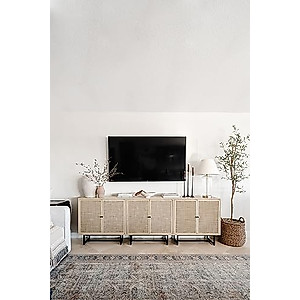 Nathan James Kova Accent Natural Storage Cabinet Sideboard Wood and Rattan with Matte Metal Frame, Adjustable Interior Shelves and Cane Doors, for Hallway, Entryway or Living Room, Light Oak/Black